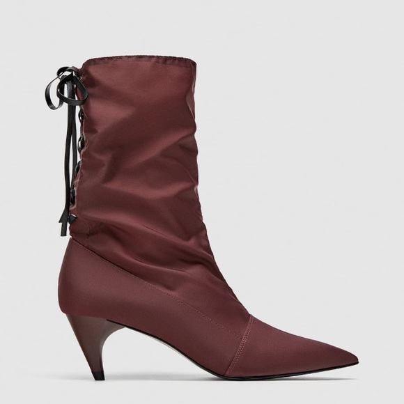 Zara | Shoes | Zara Burgundy Fabric Heel Ankle Boots With Laceup | Poshmark